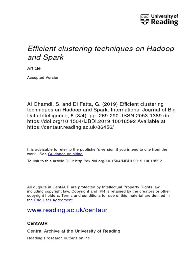 Efficient Clustering Techniques On Hadoop and Spark | PDF | Cluster Analysis | Apache Hadoop