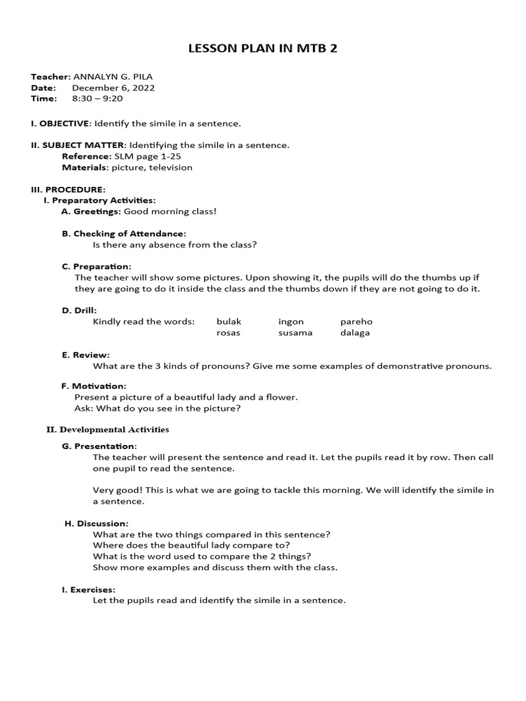Lesson Plan in MTB 2 | PDF | Human Communication | Linguistics