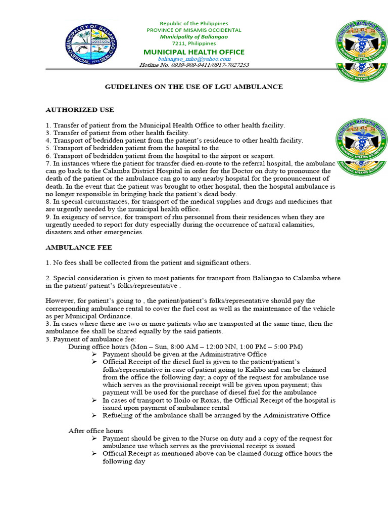 Guidelines for LGU Ambulance Use | PDF | Nursing | Ambulance
