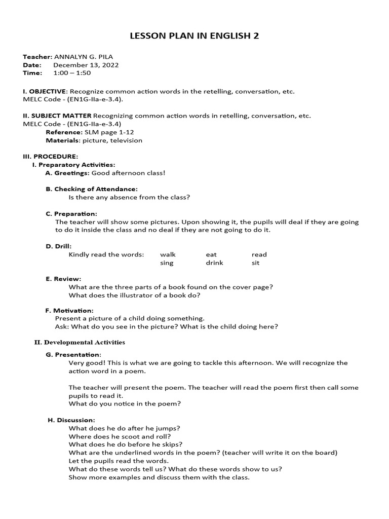 Action Words Lesson Plan for Grade 2 | PDF | Language Arts & Discipline ...