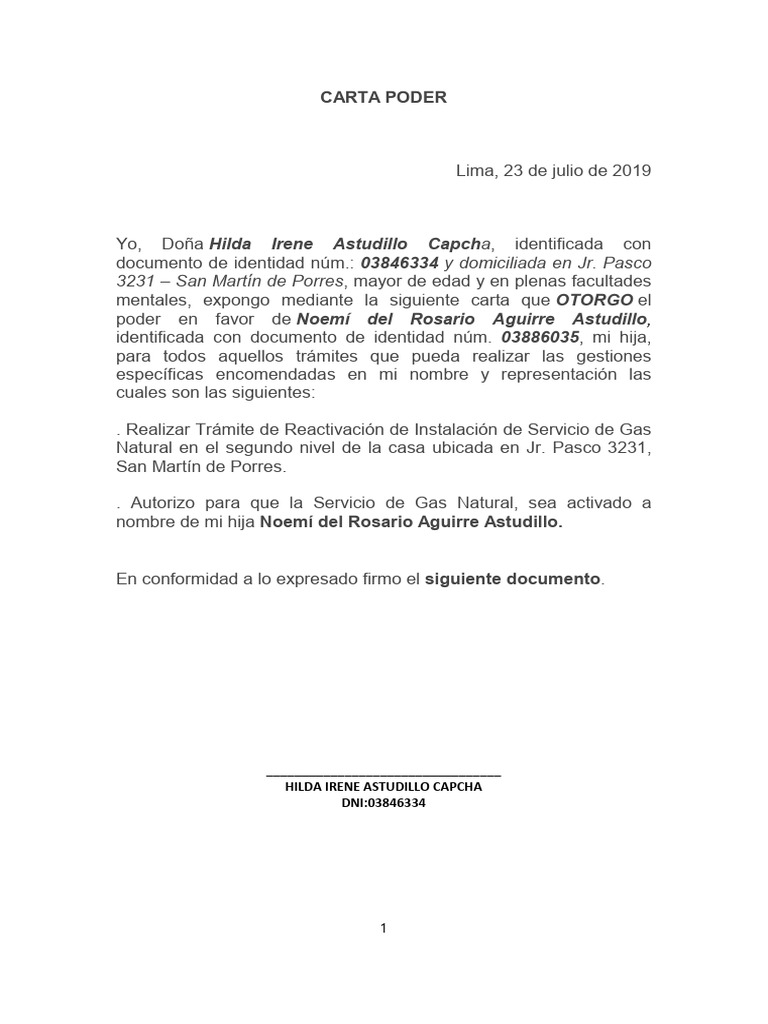 Modelo Carta Poder Simple Calidda | PDF