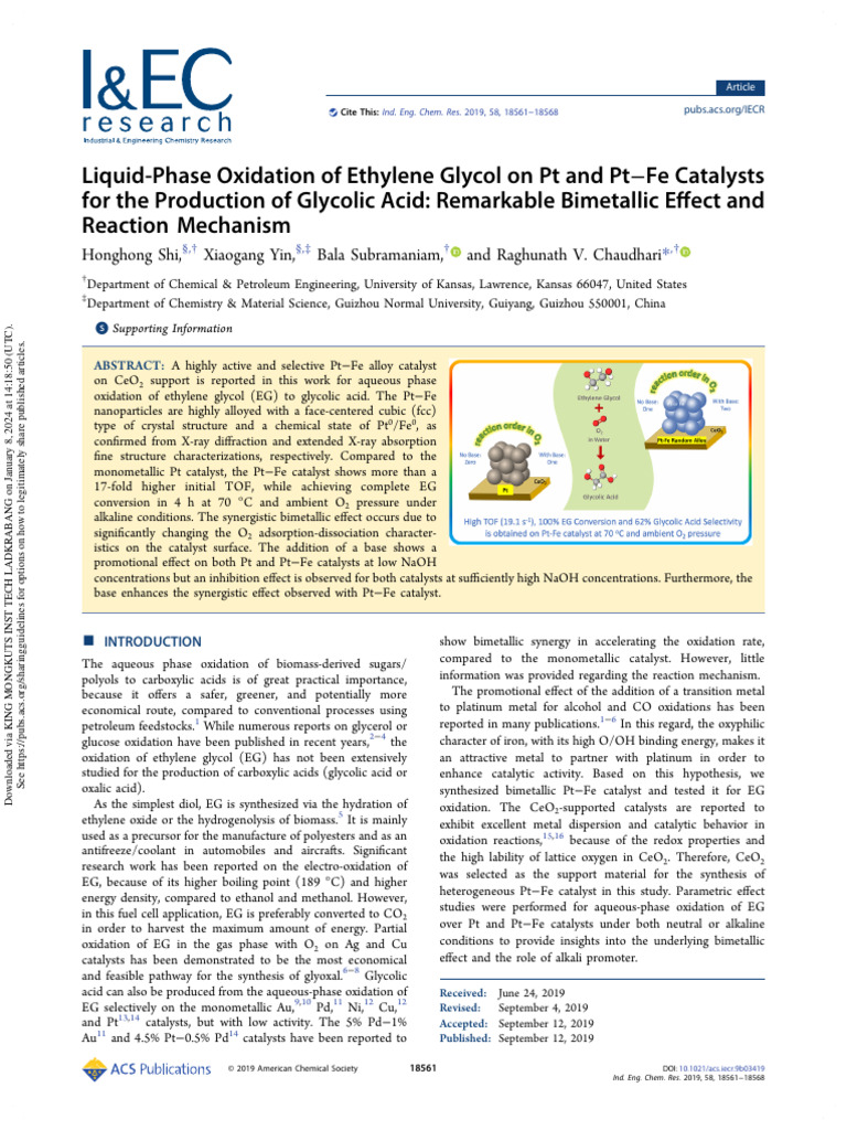 Shi Et Al 2019 Liquid Phase Oxidation of Ethylene Glycol On PT and PT Fe Catalysts For The ...
