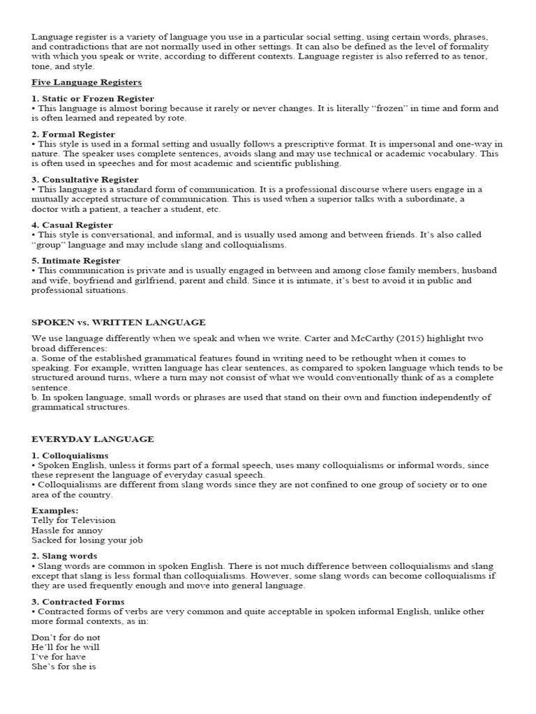 Module 5 Varieties and Registers of Spoken Language | PDF | English ...