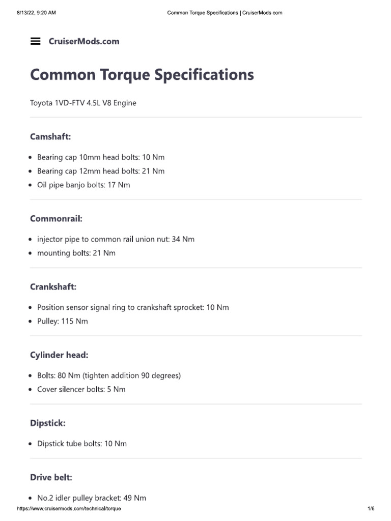 1VD-Ftv 4.5L V8 Engine - Torque Specs | PDF