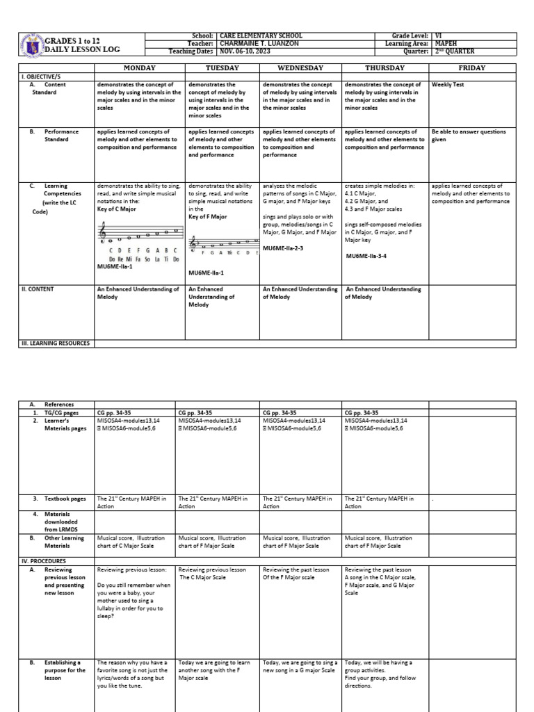 DLL - Mapeh 6 - Q2 - W1 | PDF | Scale (Music) | Interval (Music)