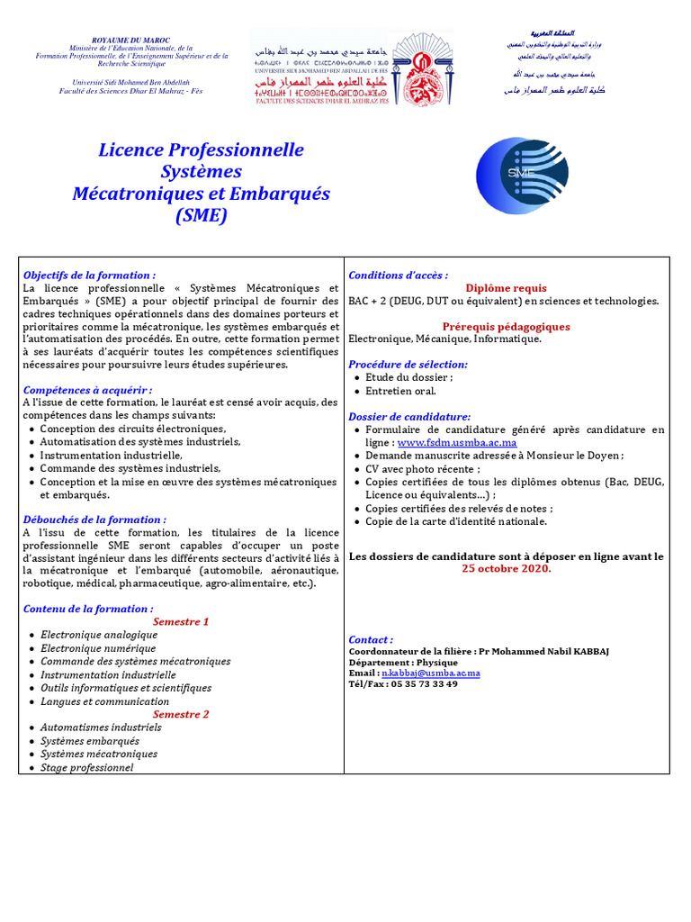 Licence Professionnelle Systèmes Mécatroniques Et Embarqués (SME) | PDF