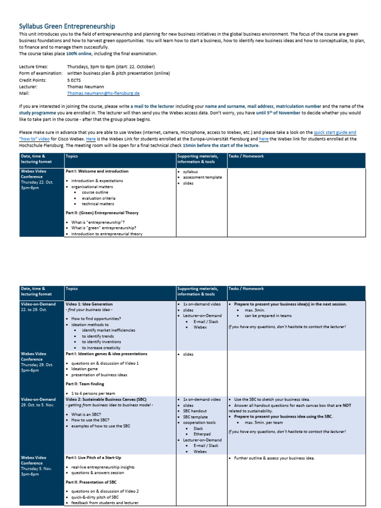 Syllabus Green Entrepreneurship Thomas Neumann | PDF | Startup Company | Small Business ...