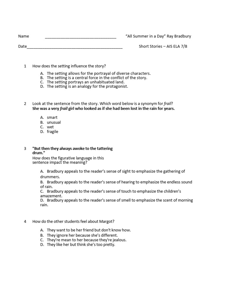 "All Summer in a Day: Study Questions" | PDF