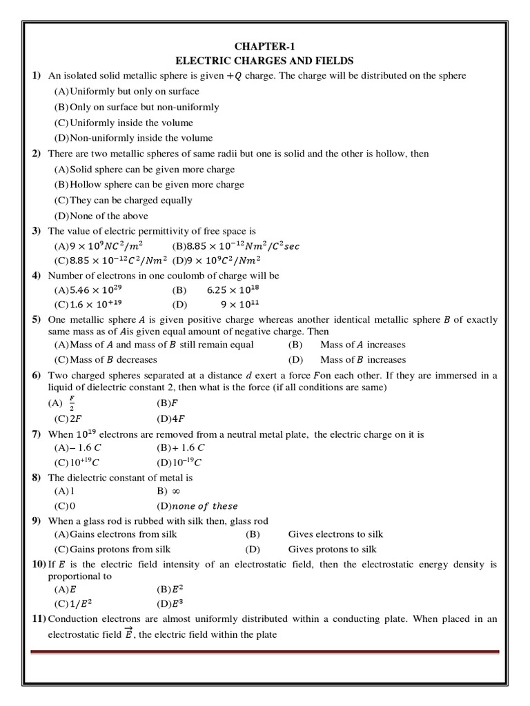 Class 12 Physics MCQs: Electric Charges | PDF | Teaching Methods ...