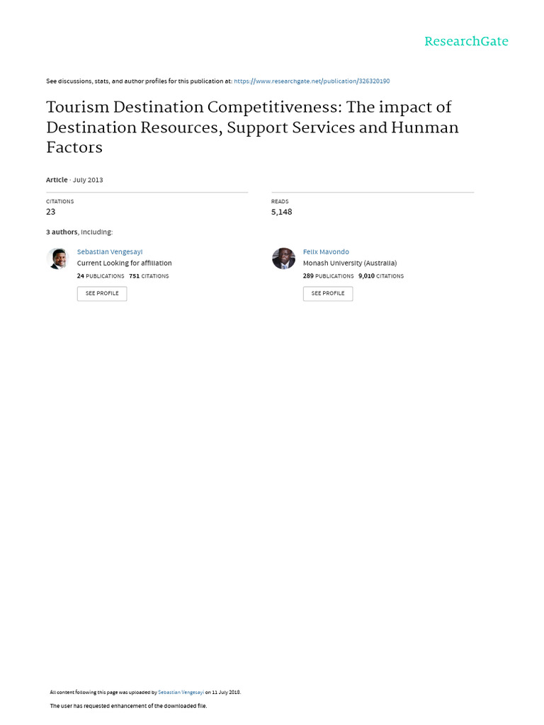 Tourism Destination Competitiveness: The Impact of Destination ...