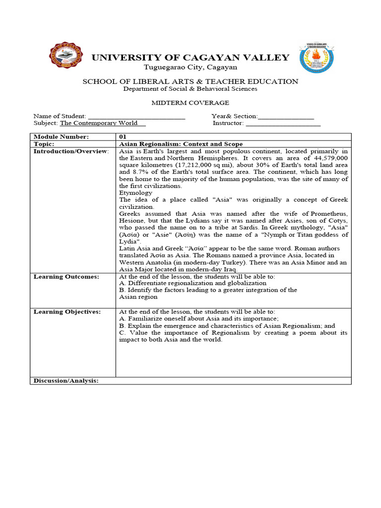 TCW Modules Midterms | PDF | Asia