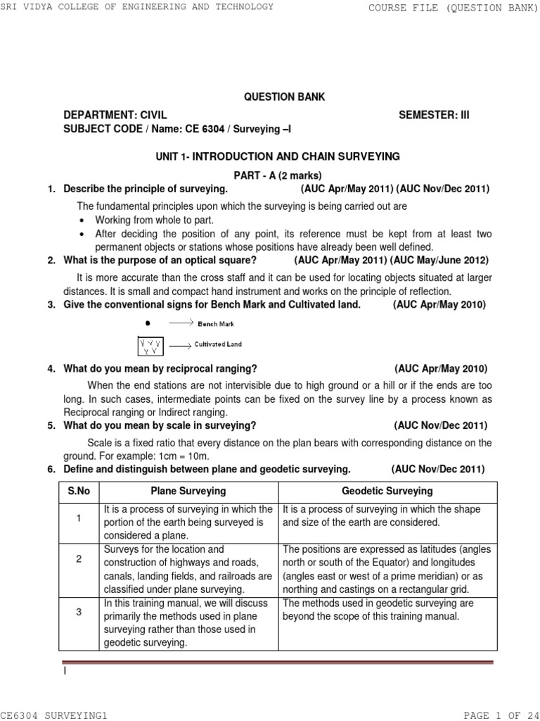 Civil Surveying Question Bank | PDF | Surveying | Observational Error