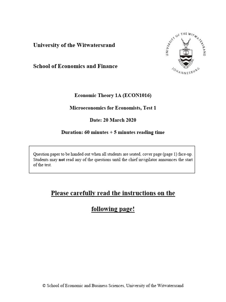 ECON1016 Test 1: MCQs and Instructions | PDF | Multiple Choice | Income