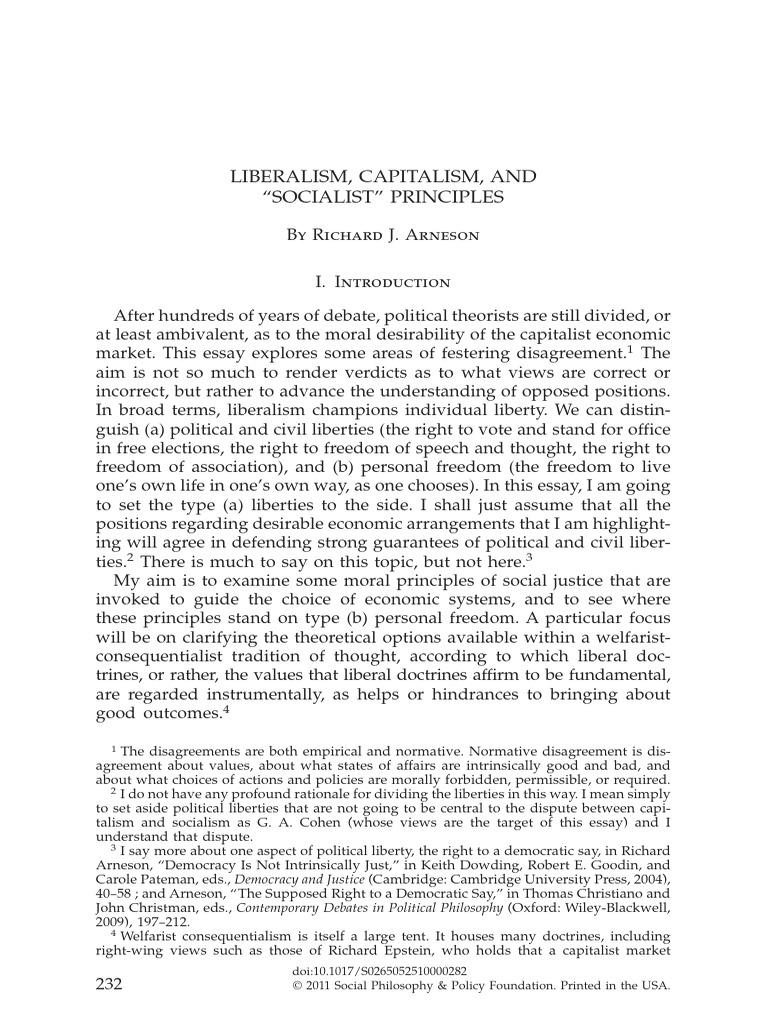 Arneson - Liberalism Capitalism and Socialist Principles | PDF