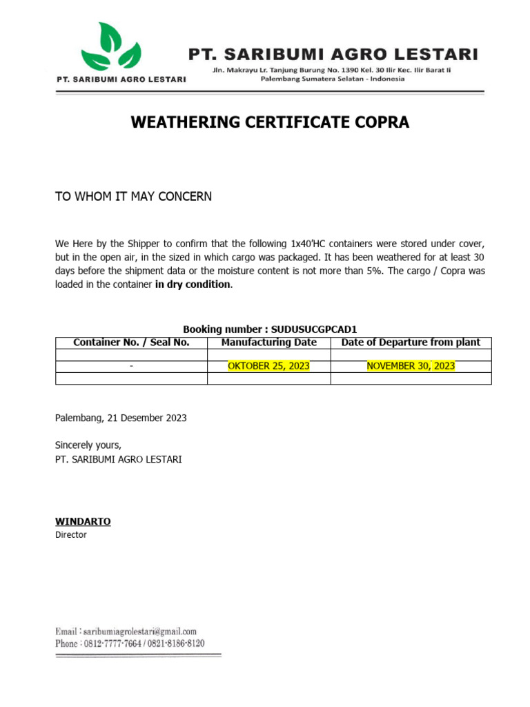 Weathering Certificate for Copra | PDF
