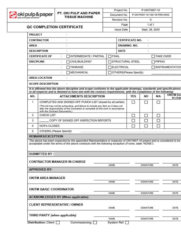 OKITM07-10 QC Certificate of Completion R0 - Form | PDF