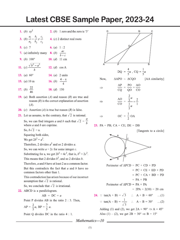 Cbse Cl10 Together With Mathematics Standard Solutions To Cbse Sample Paper | PDF