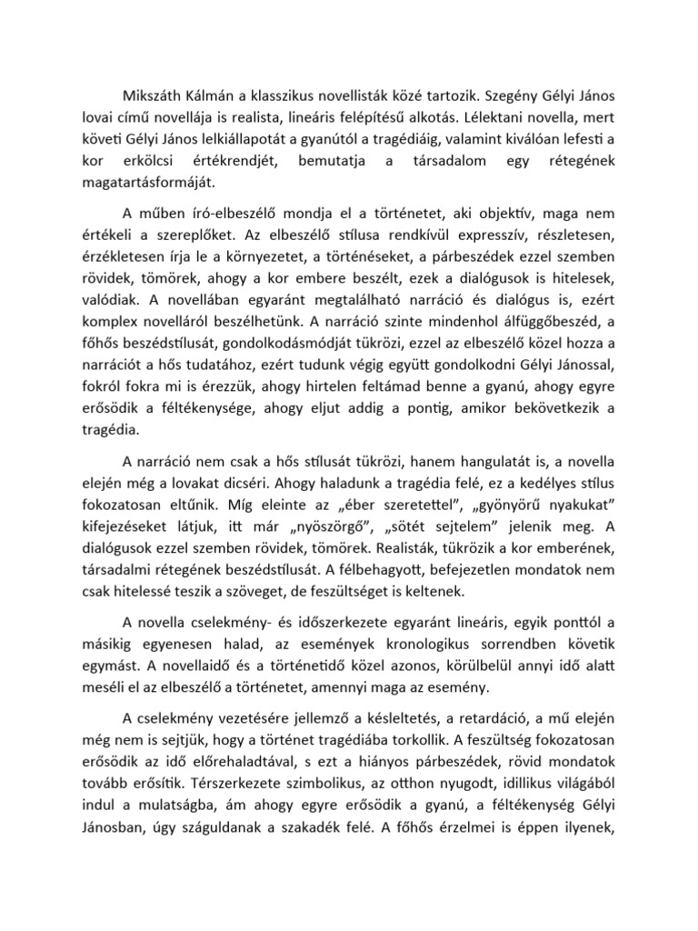 Mikszáth Kálmán: Szegény Gélyi János Lovai - Elemzés | PDF