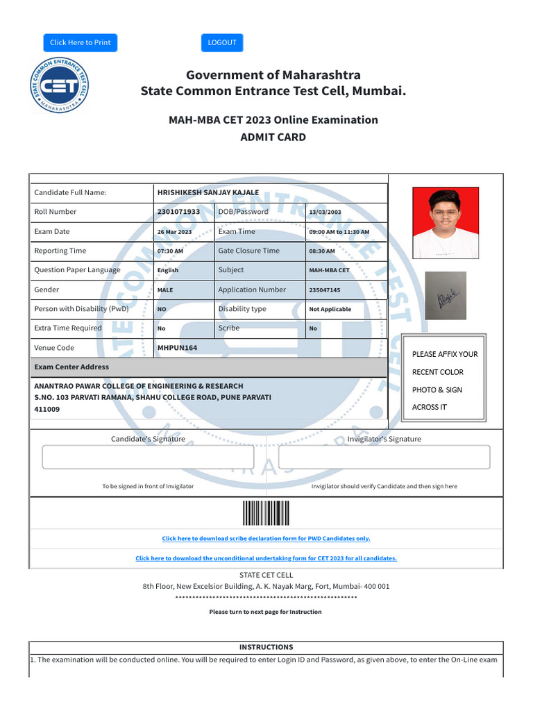 MAH-MBA CET 2023 Admit Card | PDF