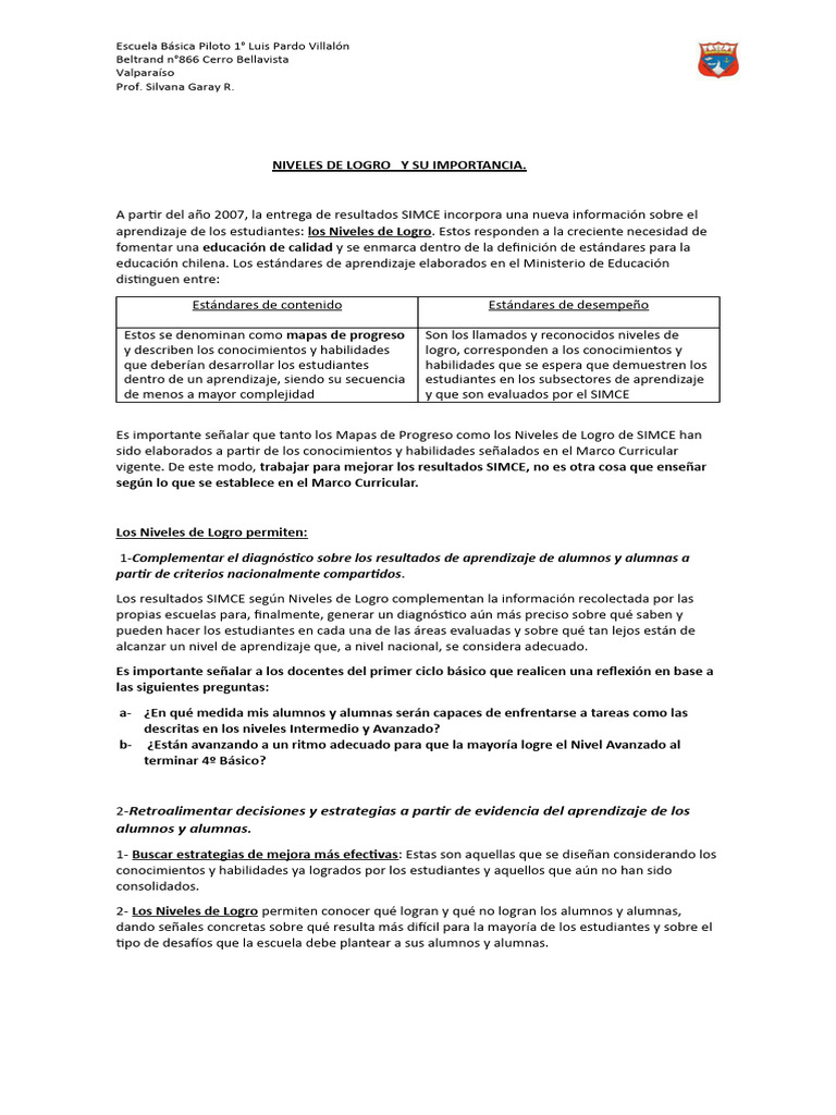 Niveles de Logro Documento de Microsoft Word | PDF | Aprendizaje ...
