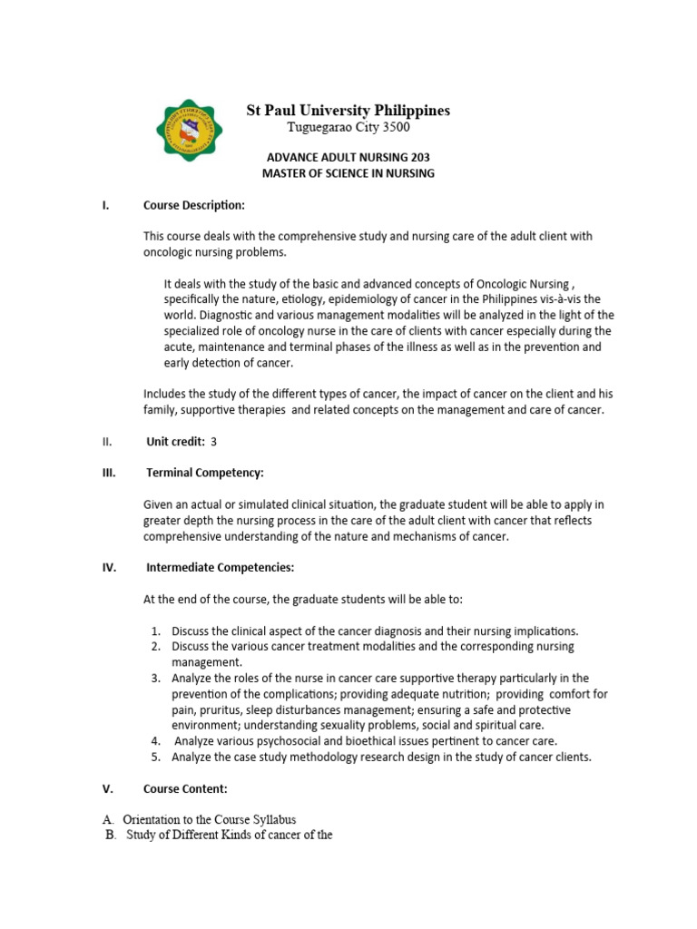 MSN Course Outline AAN 202 Oncology Nursing | PDF | Cancer | Nursing