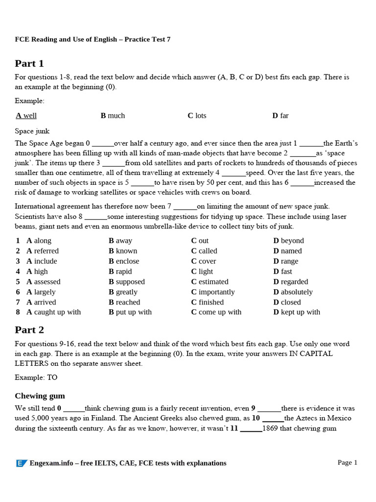 FCE Reading and Use of English - Practice Test 7 | PDF