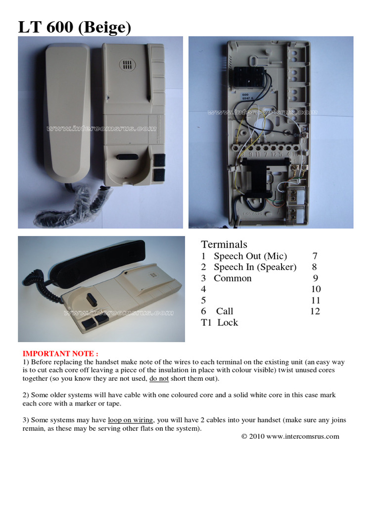 Lt 600 Beige Intercom Handset Data Sheet Pdf