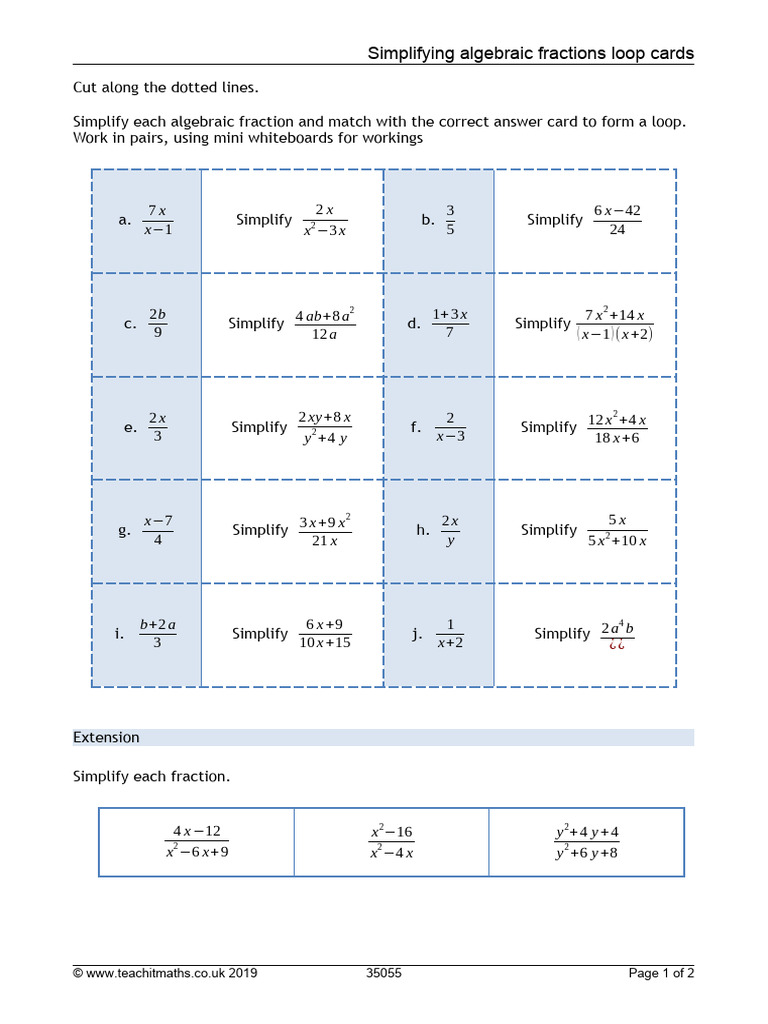 Simplifying Algebraic Fractions Loop Cards | PDF