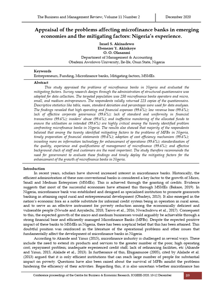 Appraisal of The Problems Affecting Microfinance Banks in Emerging ...