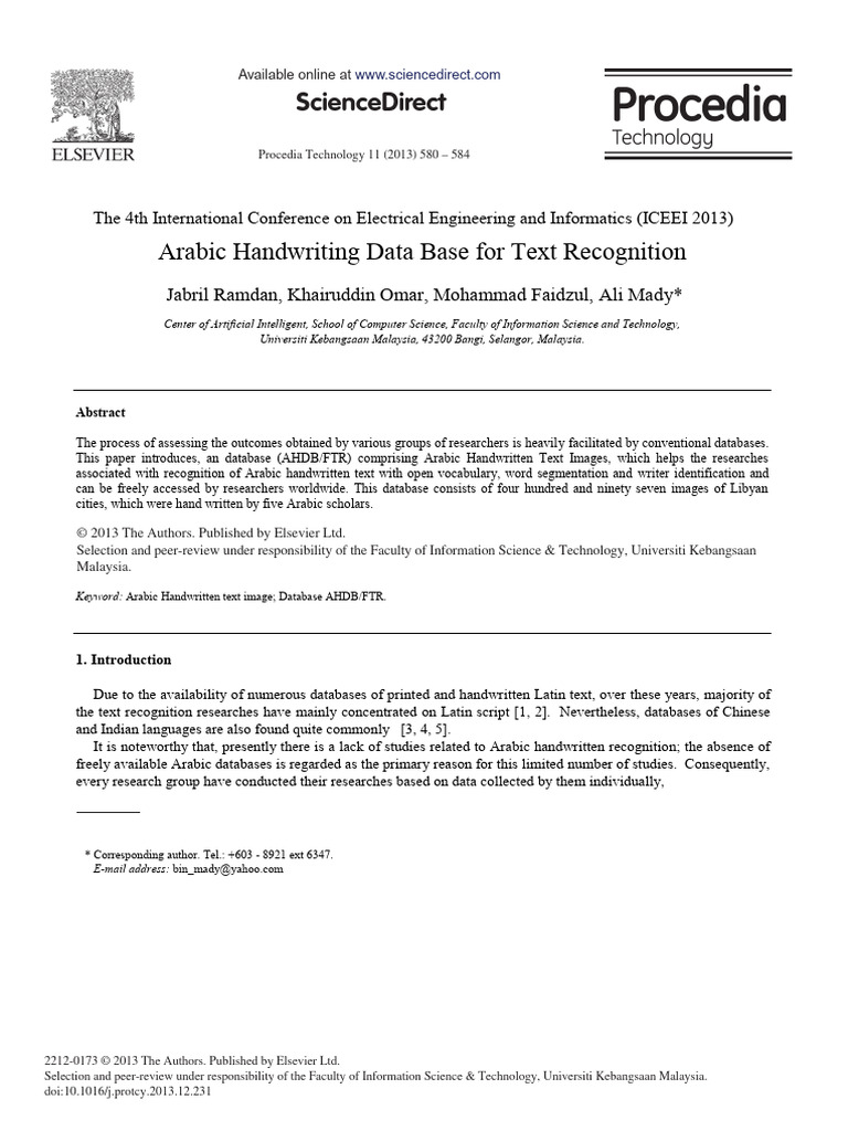 Arabic Handwriting Data Base For Text Recognition Pdf Optical Character Recognition Arabic