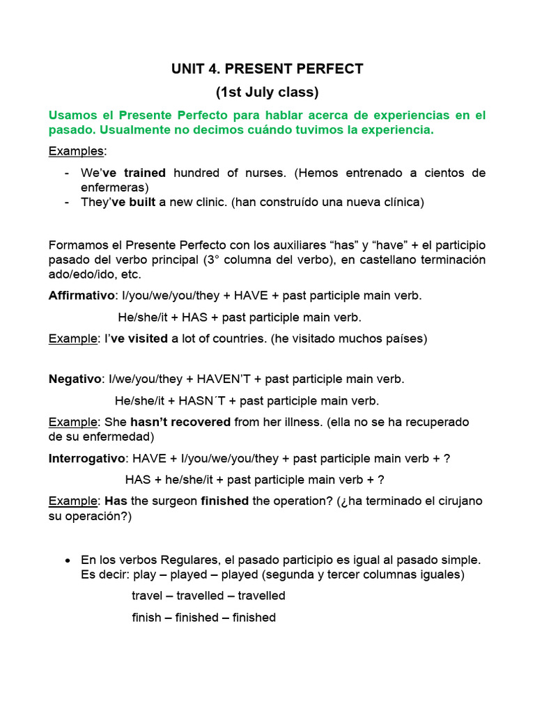 UNIT 4. PRESENT PERFECT TENSE (1st July Class) | PDF | Mecánica del lenguaje | Gramática