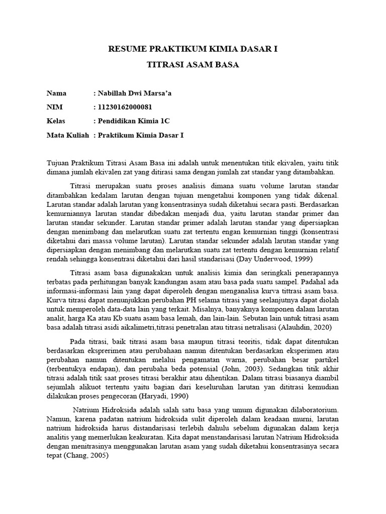 Titrasi Asam Basa Resume Praktikum Kimia Dasar I | PDF