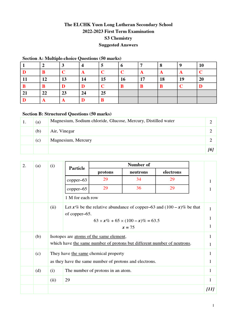 S3 Chemistry Exam Answers 2022-2023 | PDF | Chemical Elements | Chemistry