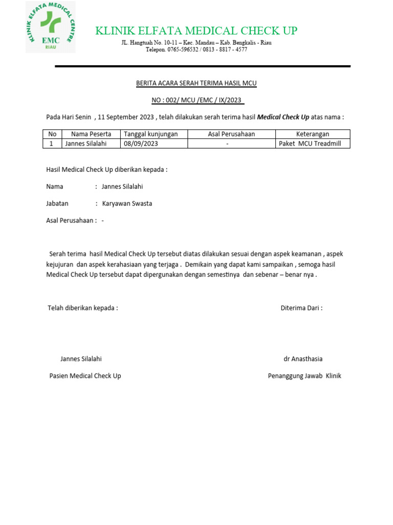 BERITA ACARA SERAH TERIMA HASIL MCU 1 Fix | PDF