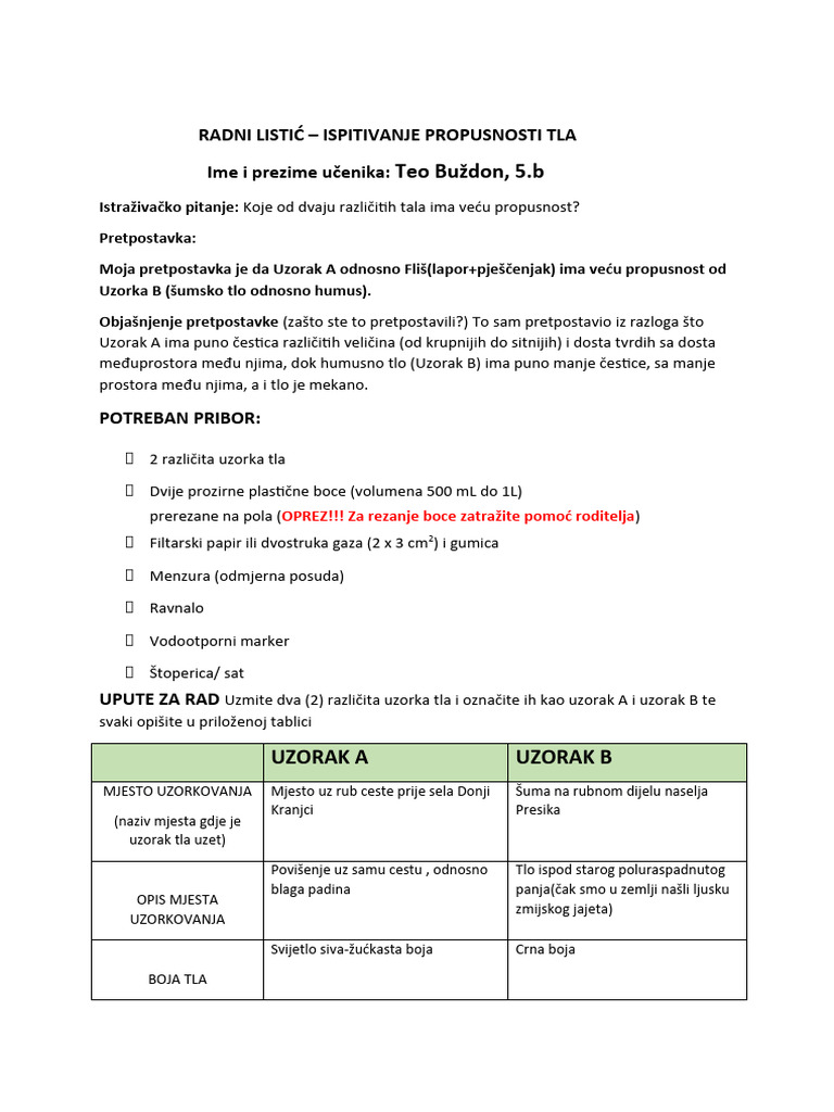 RADNI LISTIĆ - Propusnost Tla | PDF