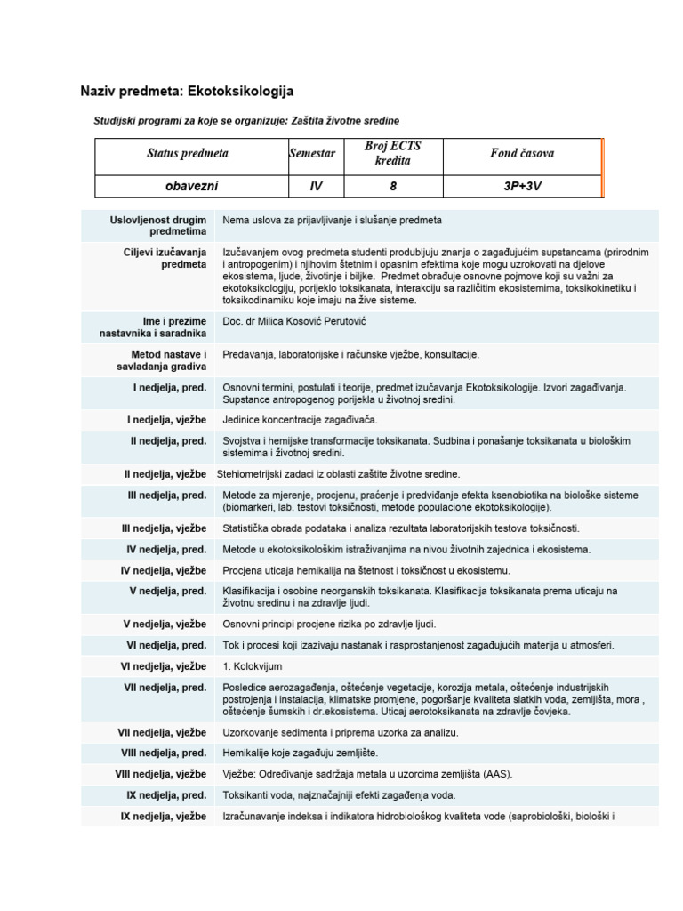 ECTS Ekotoksikologija MTF | PDF