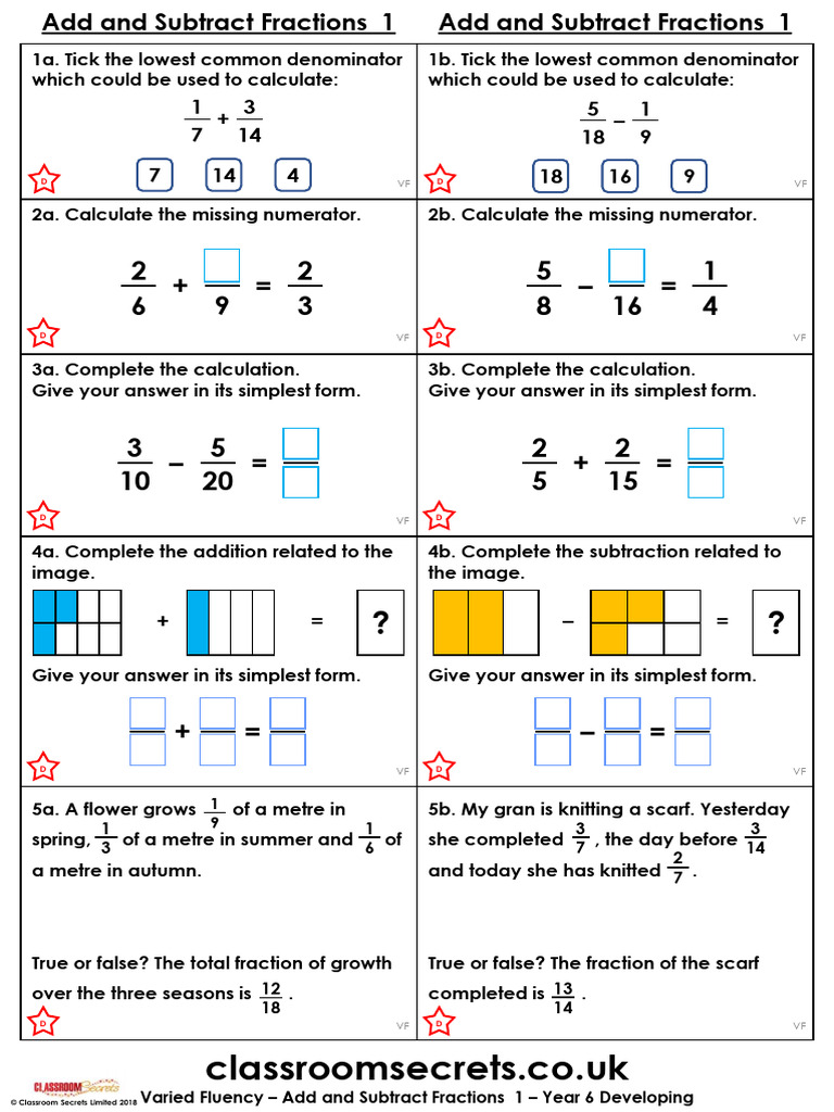 Add and Subtract Fractions Worksheet | Download Free PDF | Numbers ...