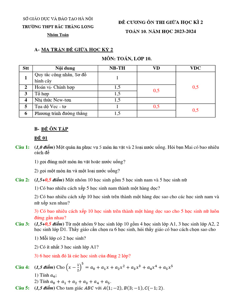 De Cuong Giua Ky 2 Toan 10 Nam 2023 2024 Truong THPT Bac Thang Long Ha Noi | PDF