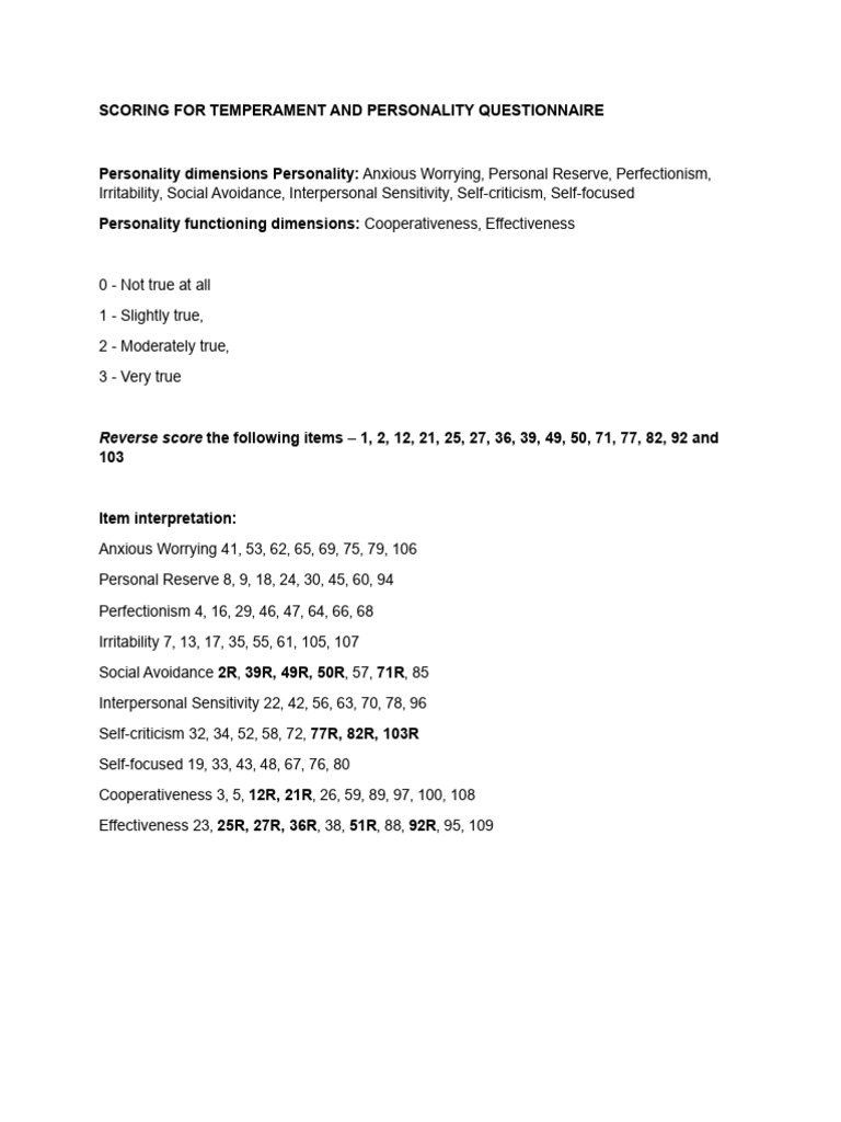 Scoring Guide For Temperament and Personality Questionnaire | PDF