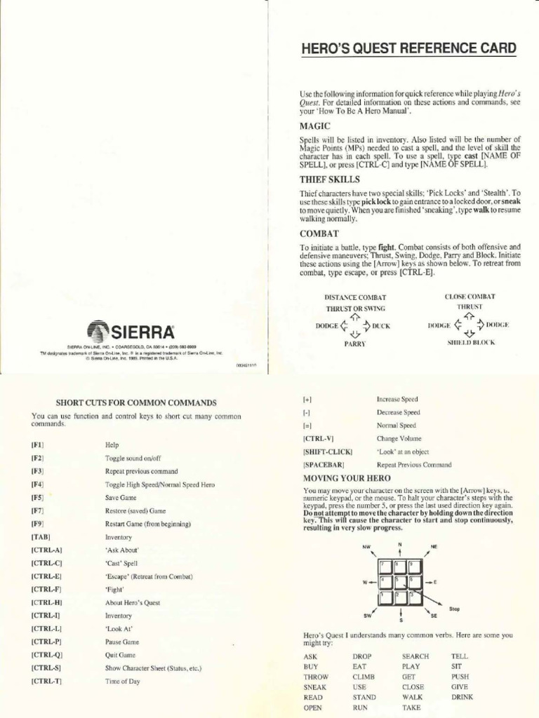 Heros Quest - Quick Reference Card | PDF
