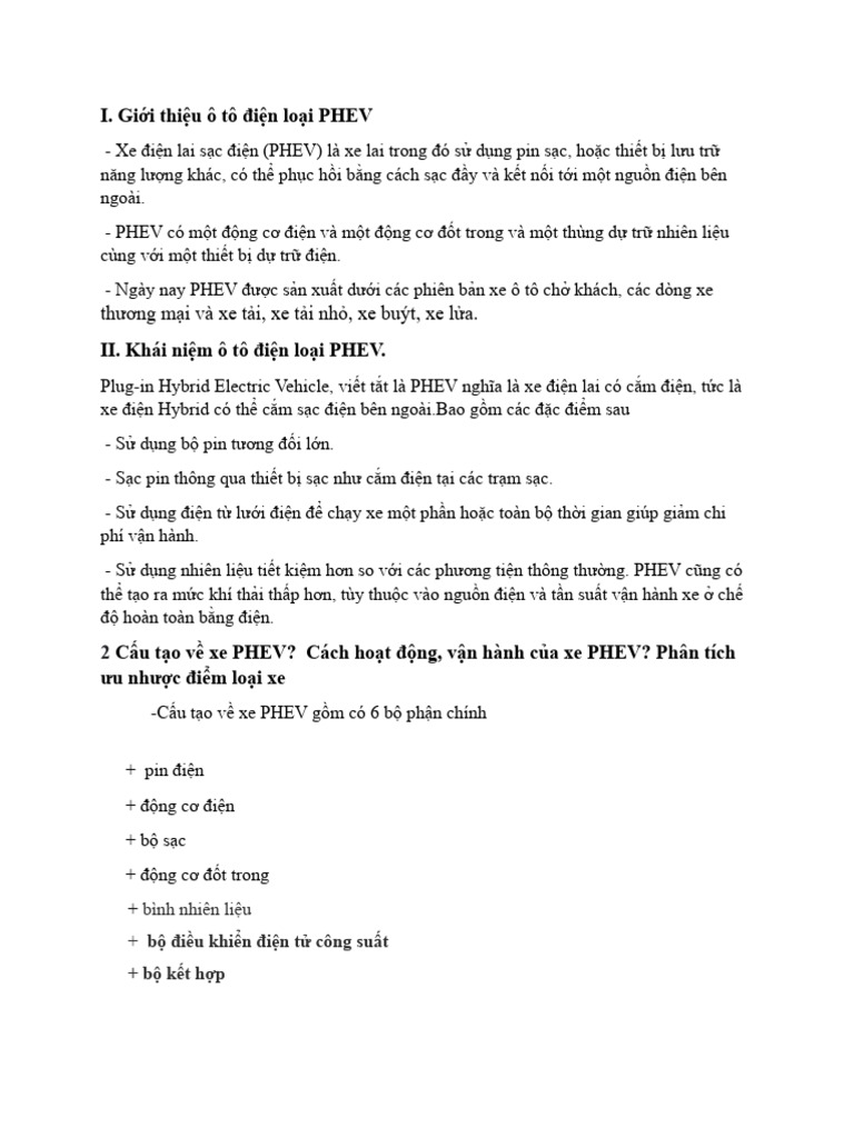 I. Giới Thiệu ô Tô Điện Loại PHEV | PDF