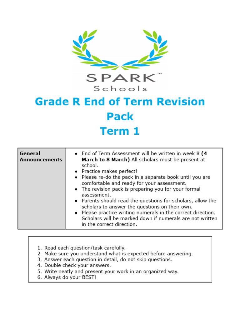 Grade R Term 1 Revision Pack | PDF