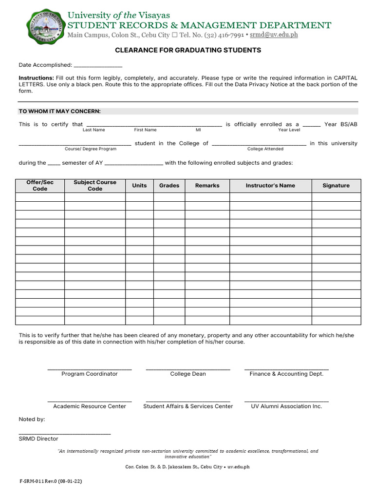 F SRM 011 Graduation Clearance | PDF | Privacy | Information