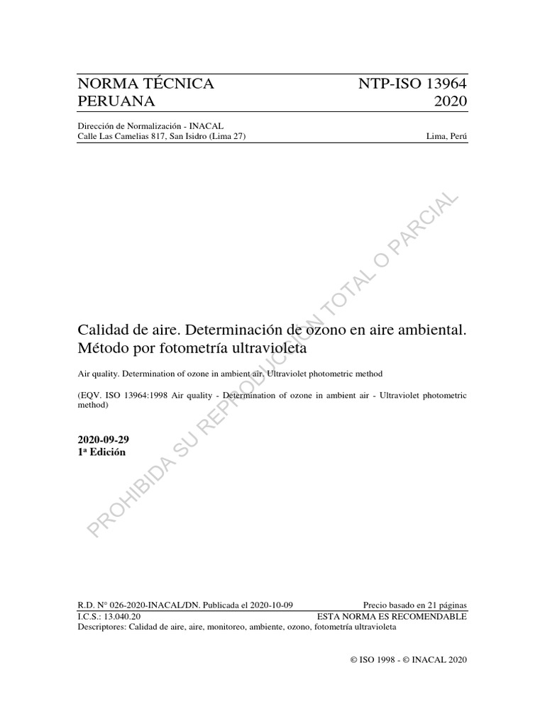 NTP-ISO 13964-2020 - Calidad de Aire. Determinaciòn de Ozono en Aire Ambiental. Mètodo Por ...