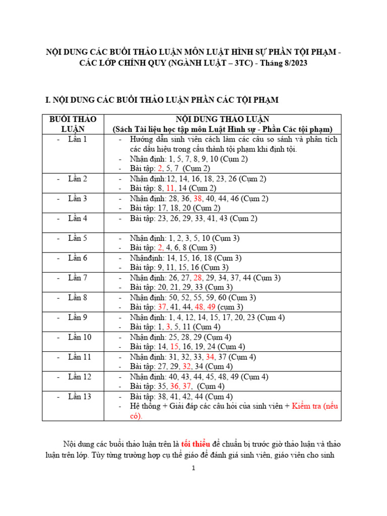 NỘI DUNG CÁC BUỔI THẢO LUẬN MÔN LHS PHẦN TỘI PHẠM thang 8 2023 | PDF