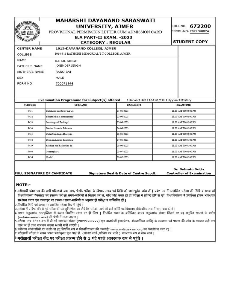 Maharshi Dayanand Saraswati University, Ajmer 672200: Provisional Permission Letter Cum ...