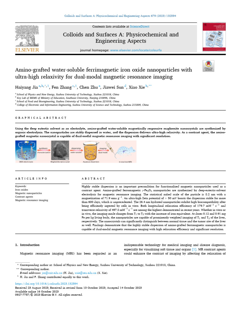 Amino-Grafted Water-Soluble Ferrimagnetic Iron Oxide Nanoparticles With | Download Free PDF ...