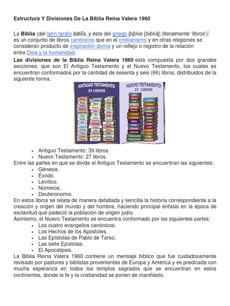 Estructura Y Divisiones de La Biblia Reina Valera 1960 | PDF | Biblia | Libros de la Biblia hebrea