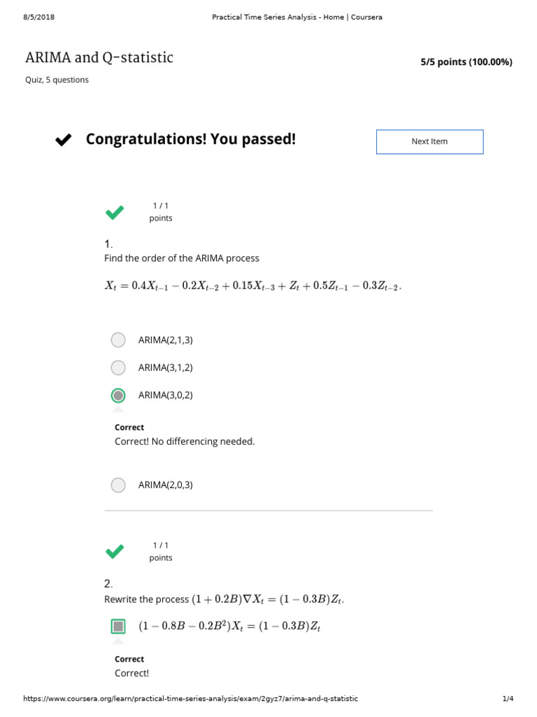 Week 5 Quiz - ARIMA and Q-Statistic | PDF | P Value | Statistical Inference
