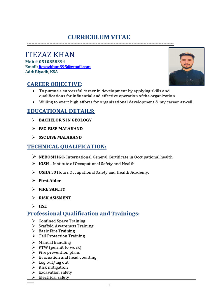Itezaz Khan: Curriculum Vitae | Download Free PDF | Occupational Safety And Health | Safety